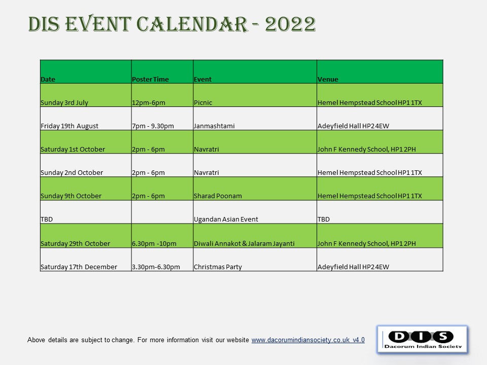 DIS Events Calendar – DACORUM INDIAN SOCIETY